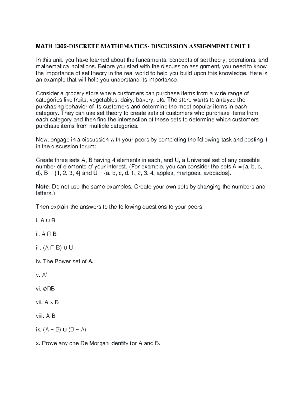 MATH 1302 Discrete Mathematics Discussion Assignment Unit 1 - Studocu