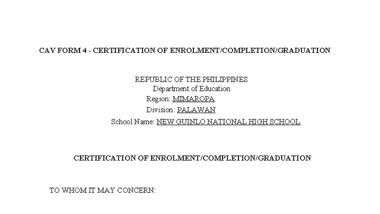 CAV Form 4 Certification for Learner's Application Abroad - Studocu