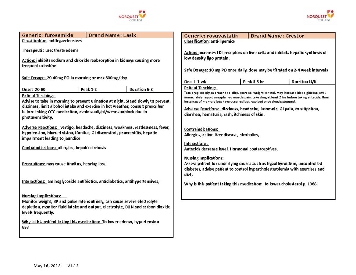 Nursing Medication Cards - May 16, 2018 V1. Generic: furosemide Brand ...