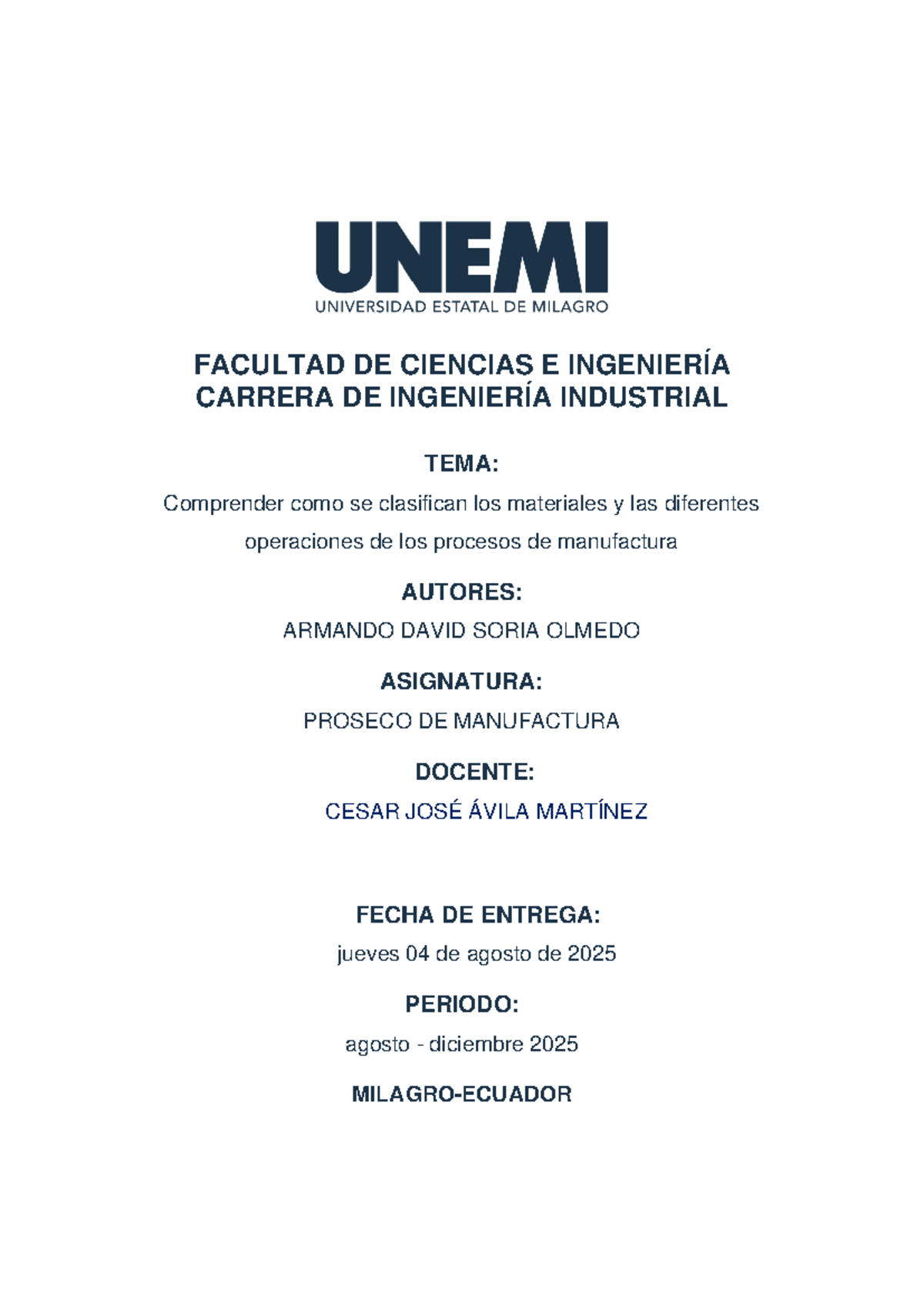Clasificación de Materiales y Procesos de Manufactura - PROSECO 2025 ...