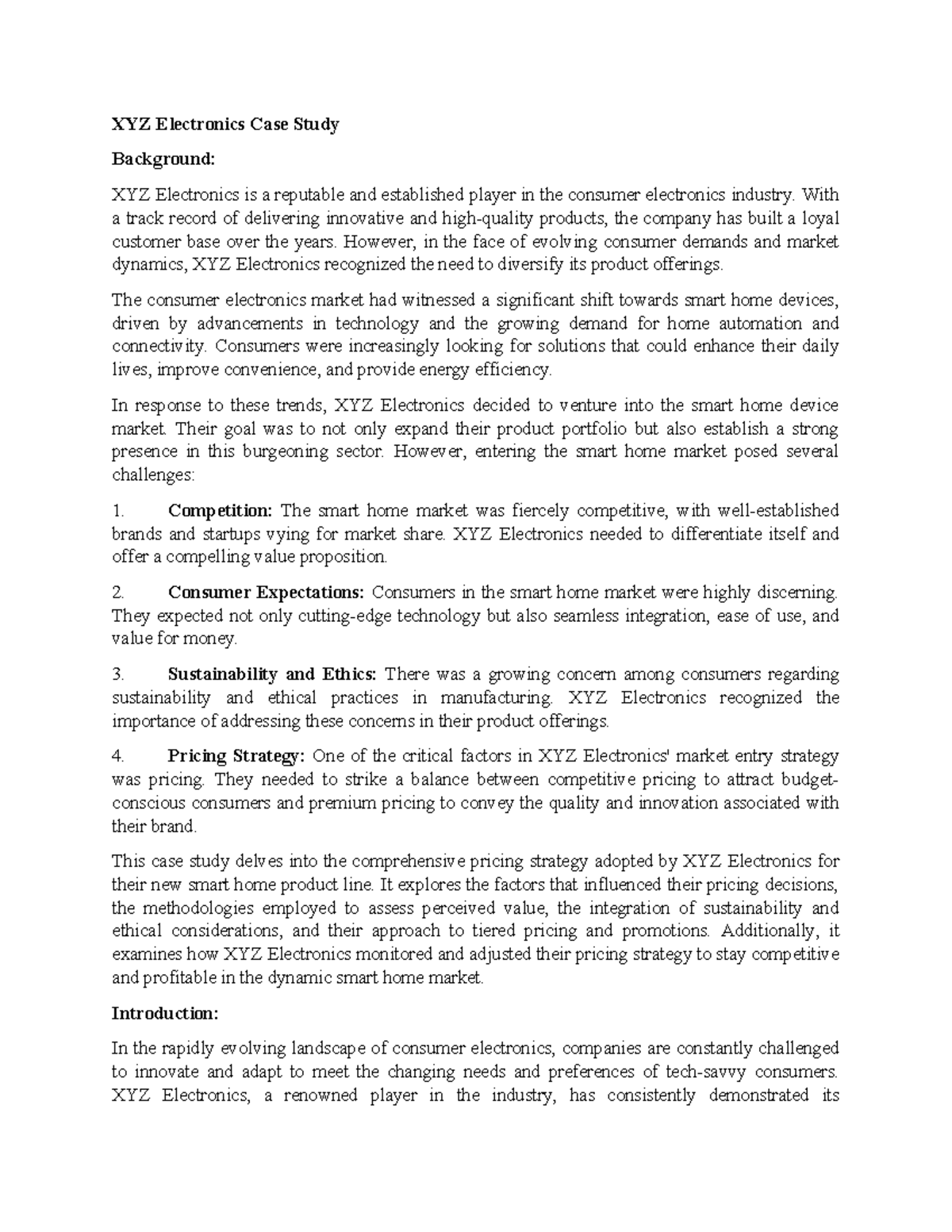 XYZ Electronics Case Study: Strategic Pricing for Smart Home Devices ...