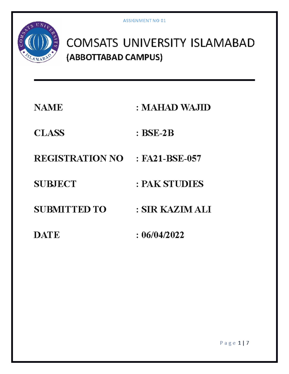 FA21-bse-057 PS assigment - COMSATS UNIVERSITY ISLAMABAD (ABBOTTABAD ...