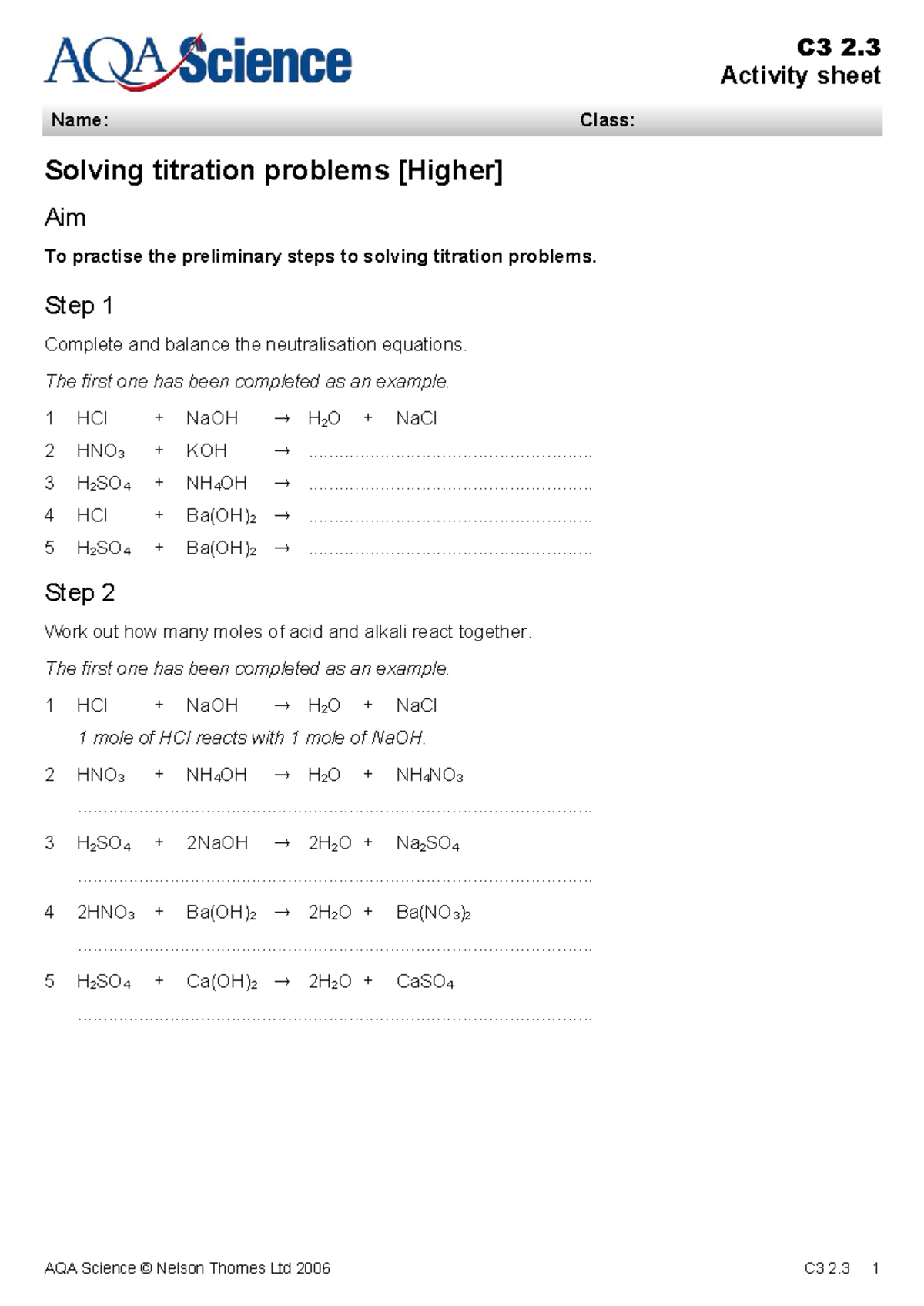 C3 2.3 Titration Problems Activity Sheet and Solutions - Studocu