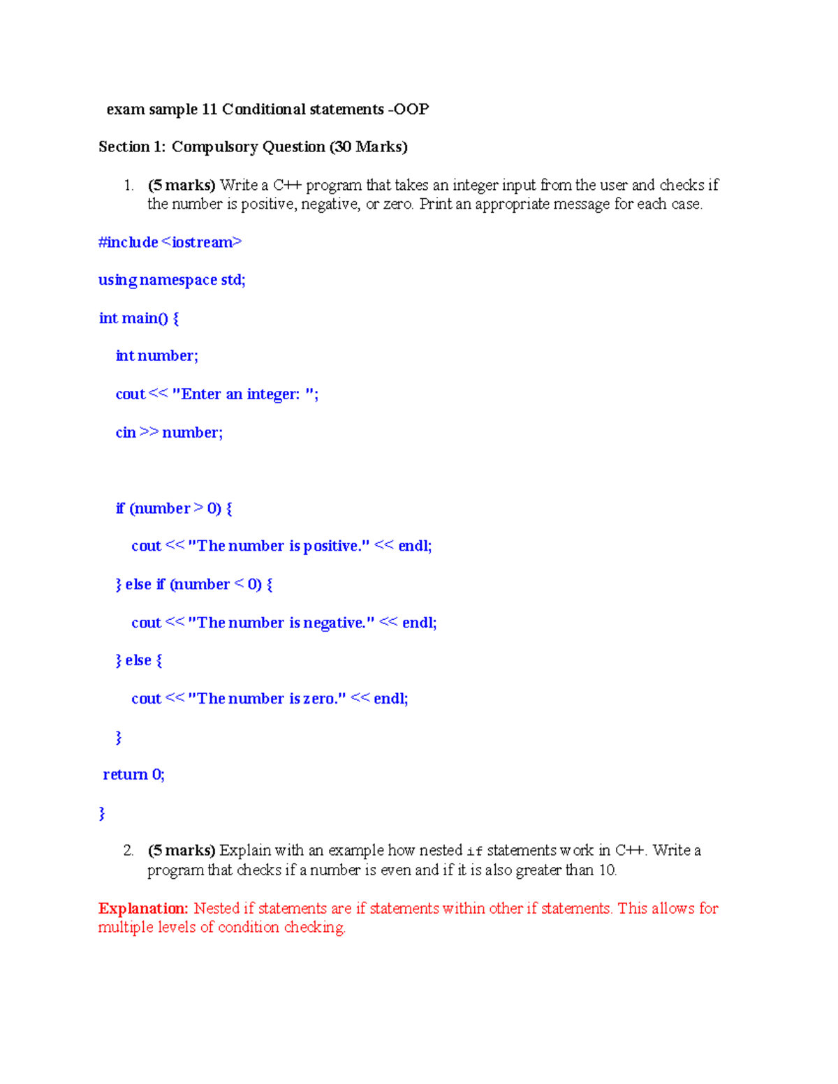 OOP2 conditional statement if else if - exam sample 11 Conditional statements -OOP Section 1 ...