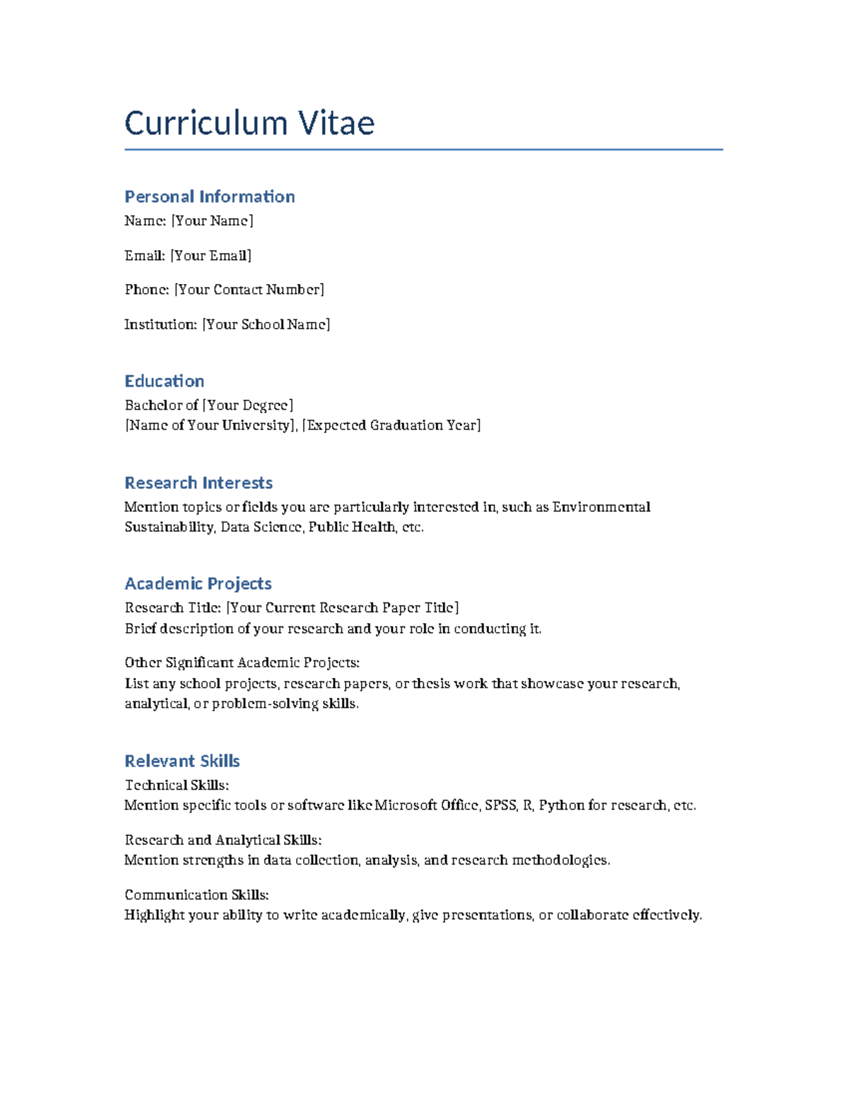 Sample CV Template for Research Papers and Projects - Studocu