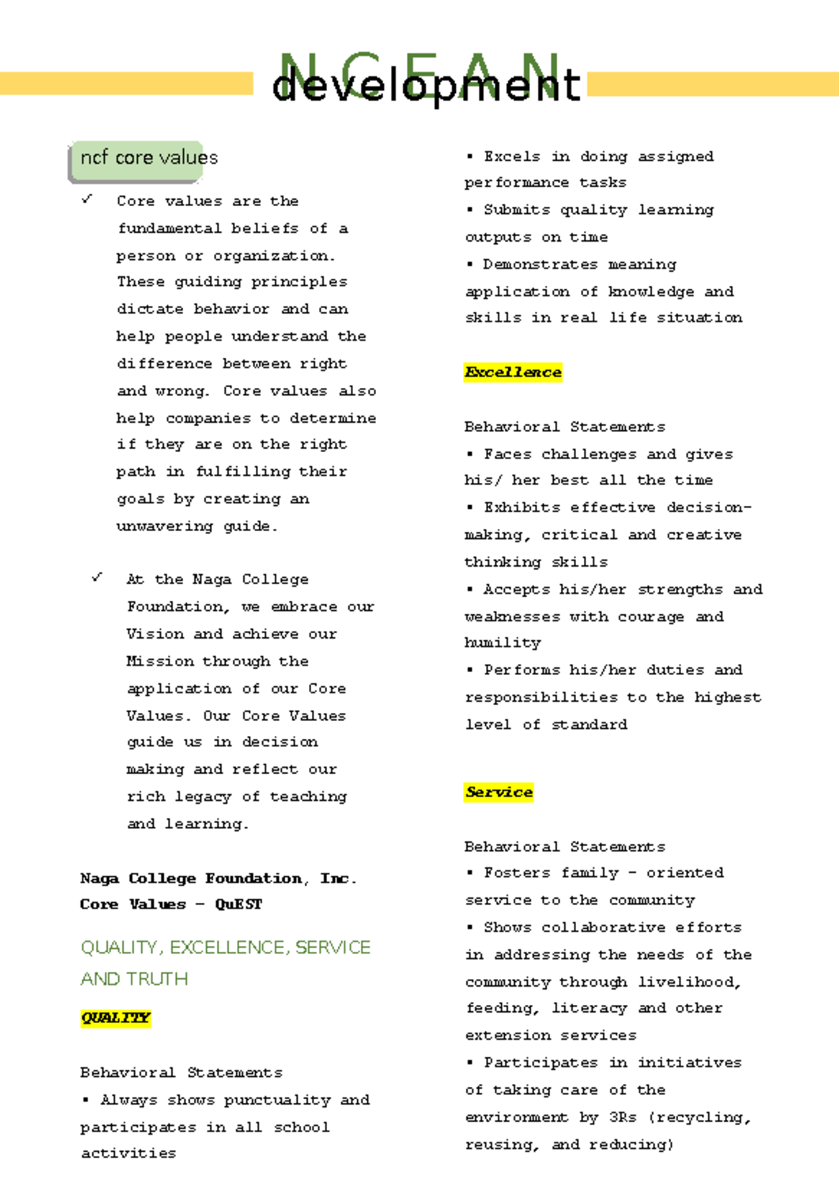 N C E A N Prelims Reviewer: Core Values & History of Naga College ...