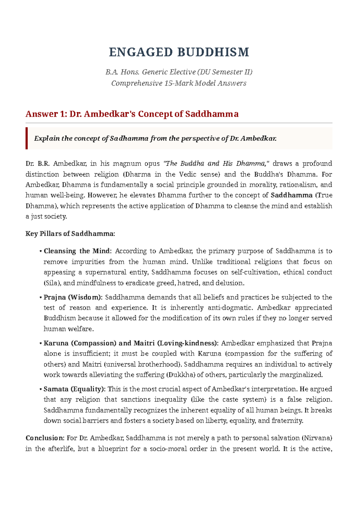 Engaged Buddhism B.A. Hons. Generic Elective (DU Sem II) Model Answers ...