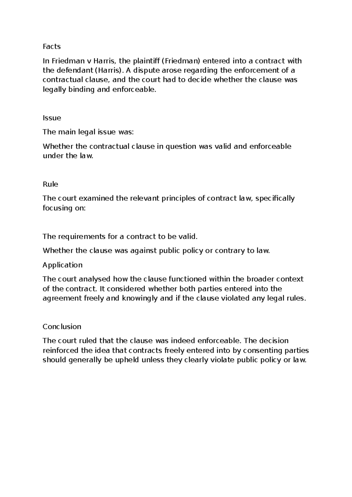 Friedman v Harris Case Study: Contract Clause Enforceability Analysis ...