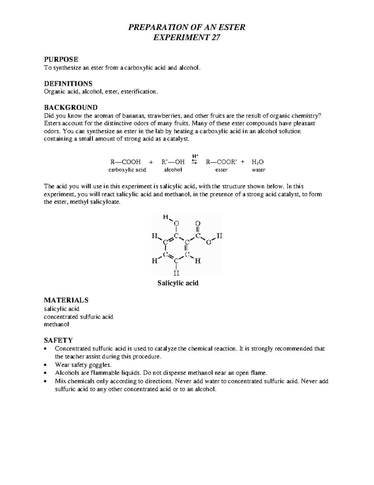 Lab 27: Ester Synthesis - Preparing Methyl Salicyloate in Lab - Studocu