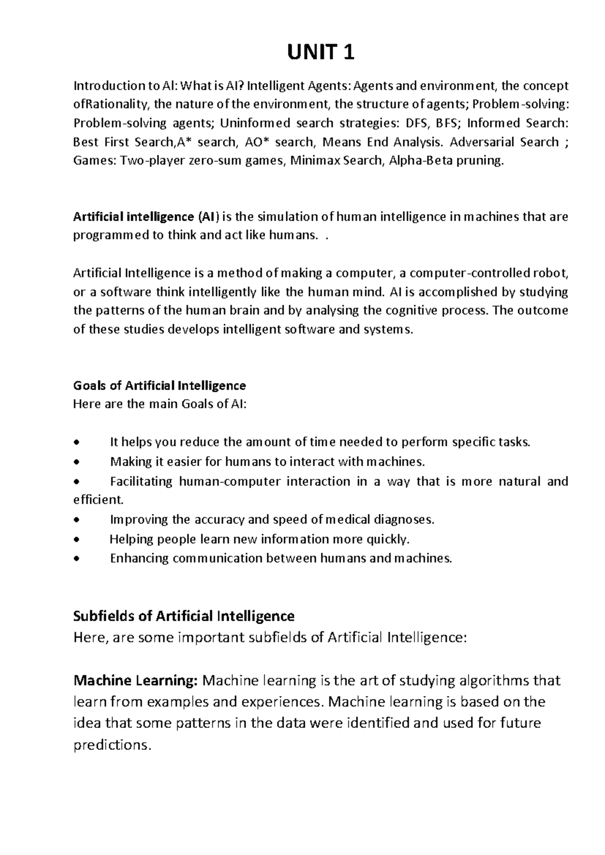AI 101: Unit 1 - Introduction to Artificial Intelligence Concepts - Studocu
