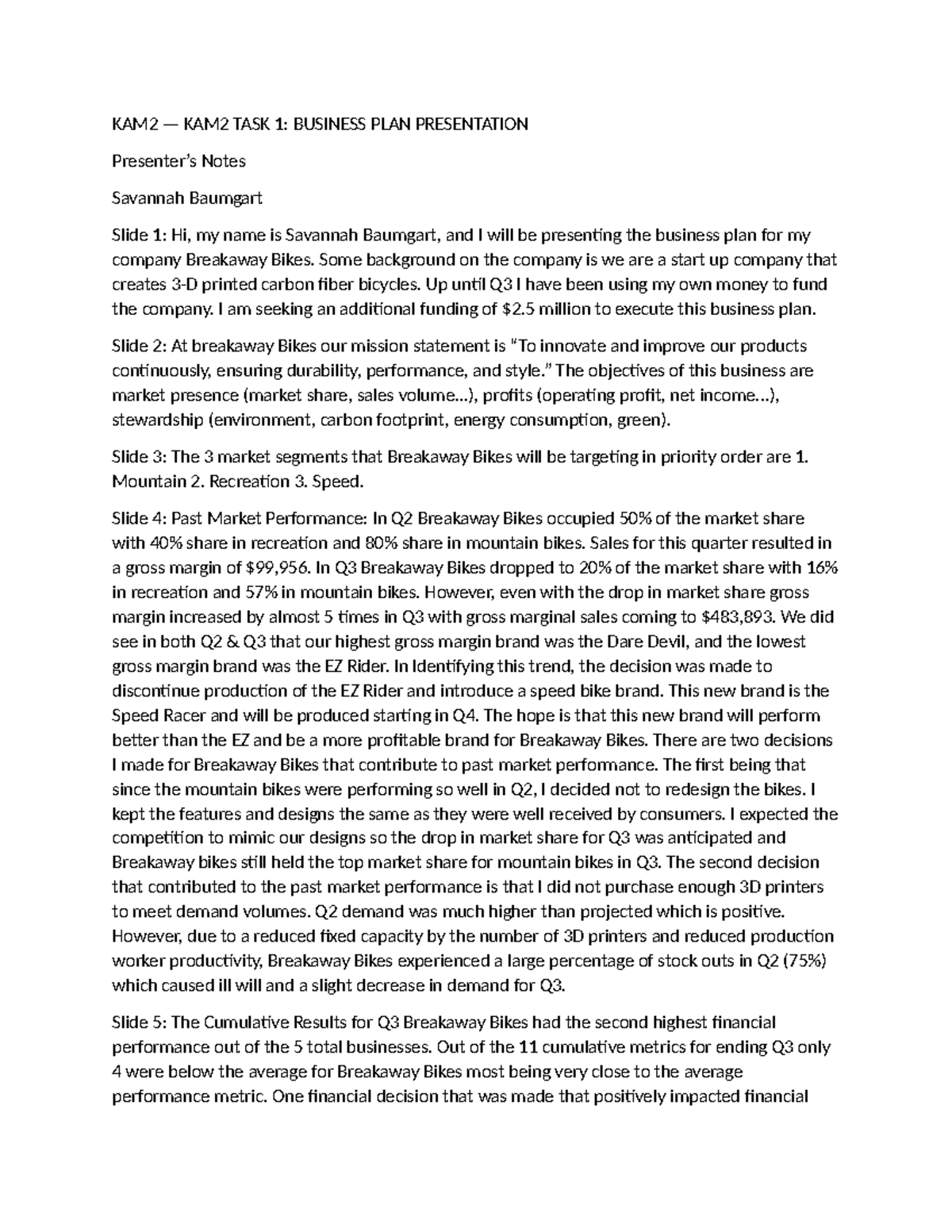 C219 Task 1: Presenter’s Notes for Business Plan Presentation - Studocu