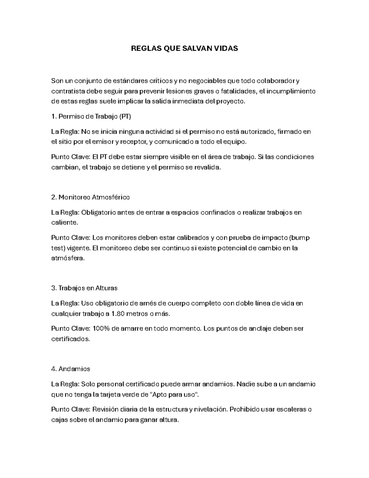 Reglas de Seguridad Críticas para Prevención de Lesiones - Studocu