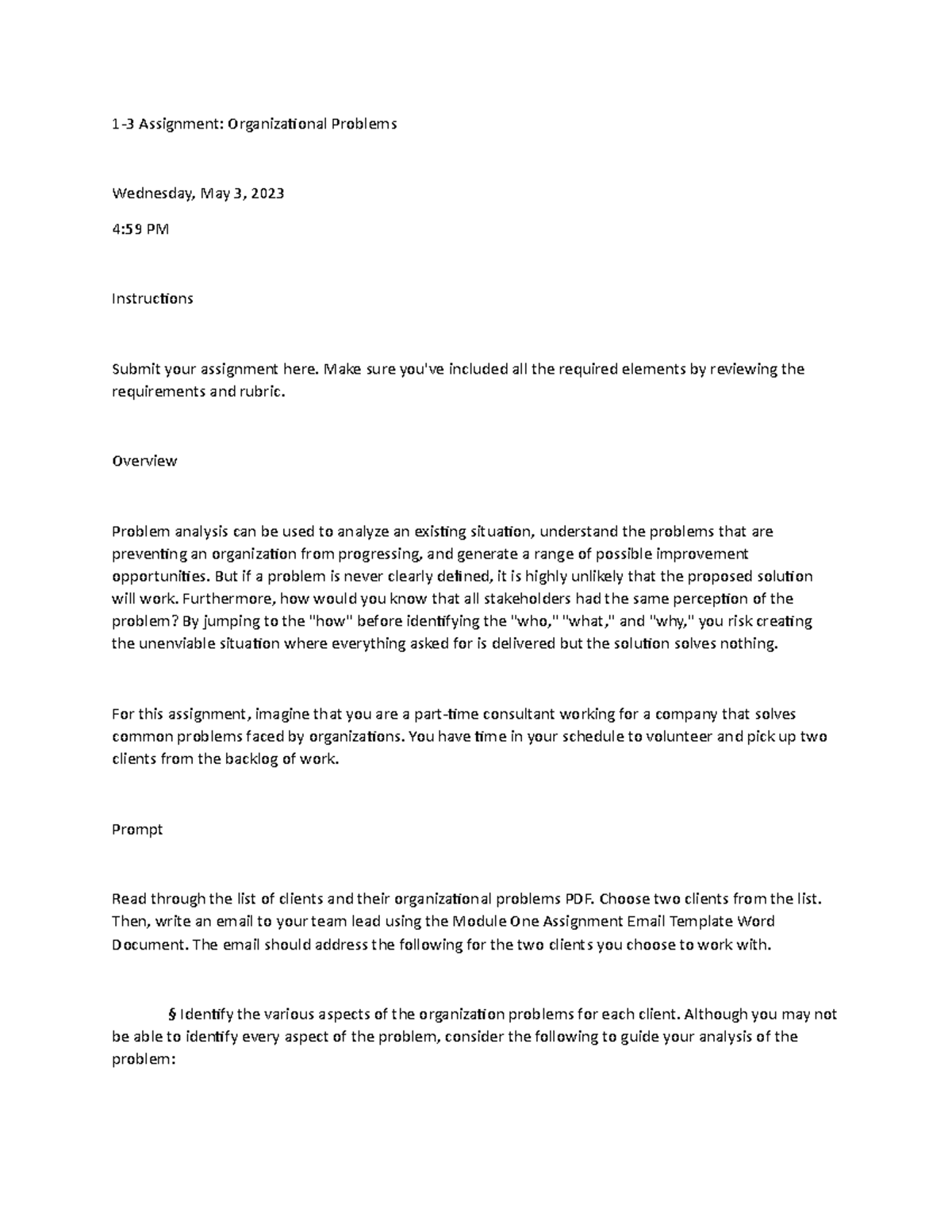 DAT 223 1-3 Assignment - 1-3 Assignment: Organizational Problems ...