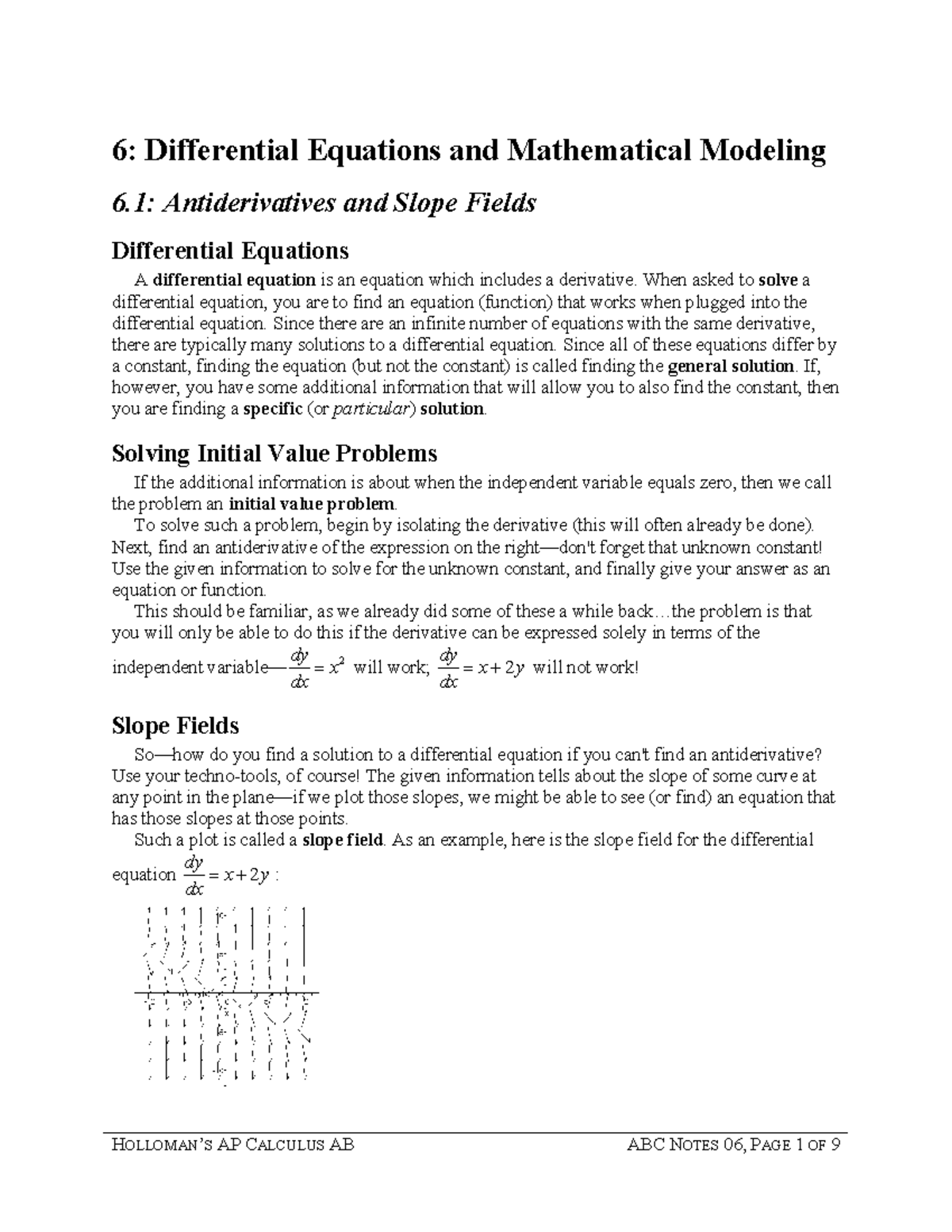 AP CALCULUS AB ABC NOTES 06: Differential Equations & Modeling - Studocu