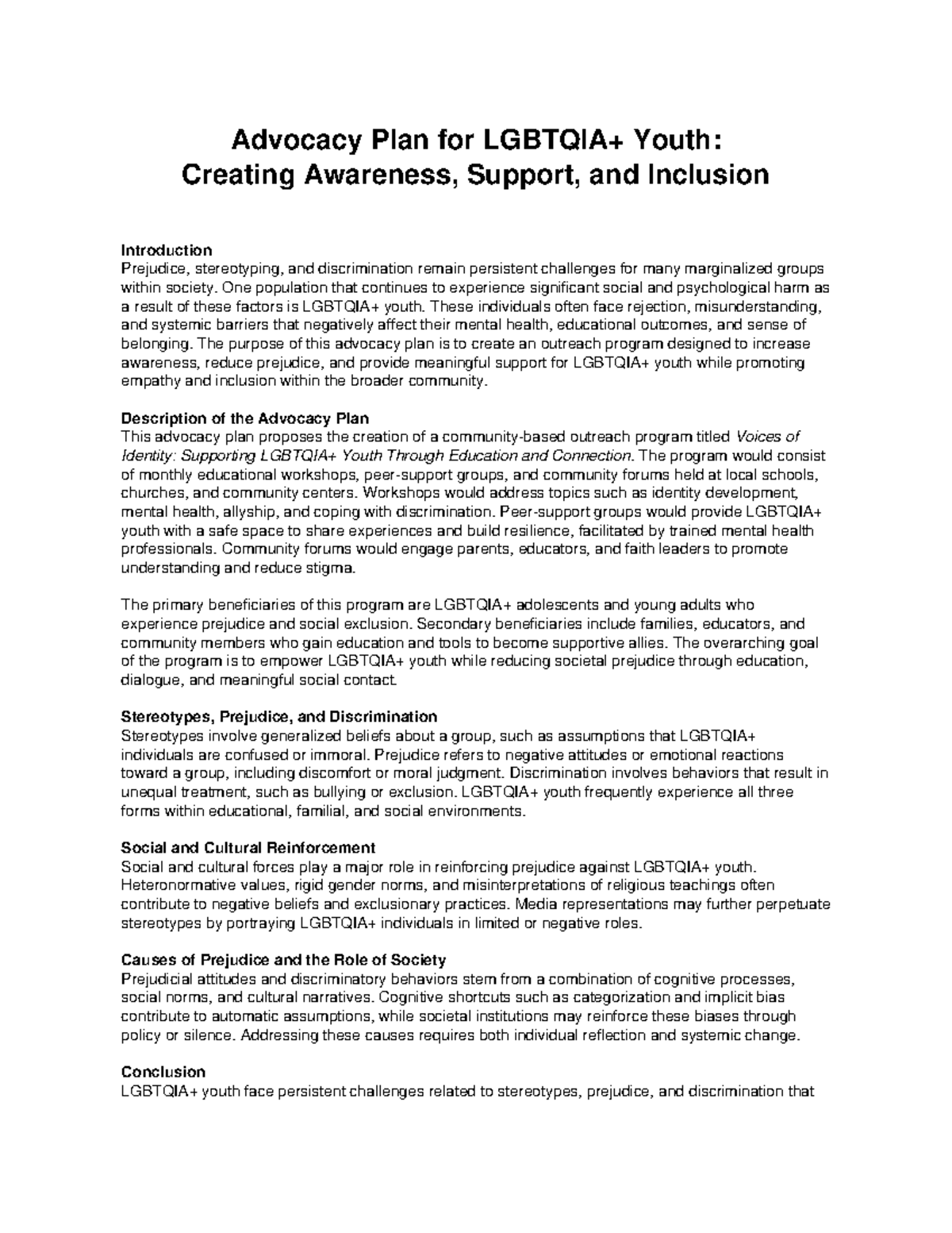 Advocacy Plan for LGBTQIA Youth: Awareness and Support Strategies - Studocu