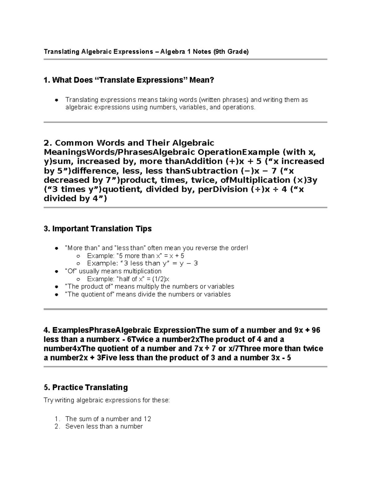 Algebra 1 Notes: Translating Algebraic Expressions (9th Grade) - Studocu
