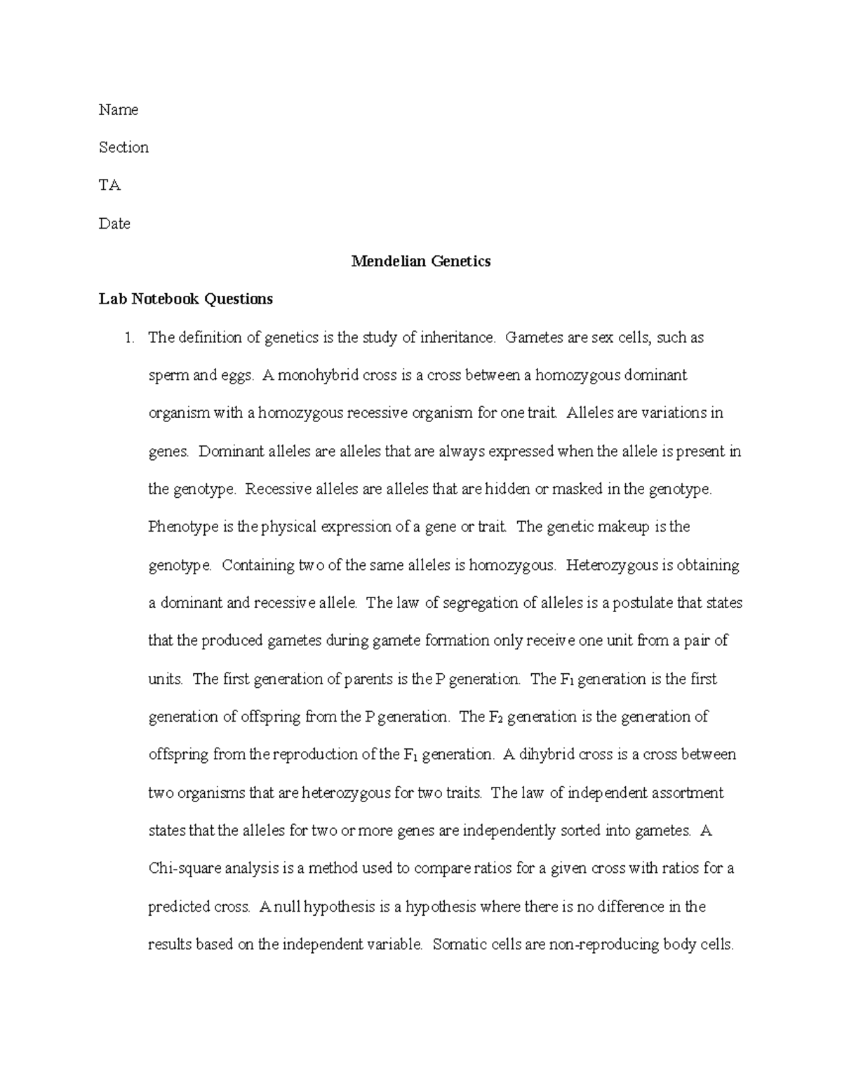 BIOL1500 Post-Lab 8 - Analysis of Mendelian Genetics Concepts - Studocu