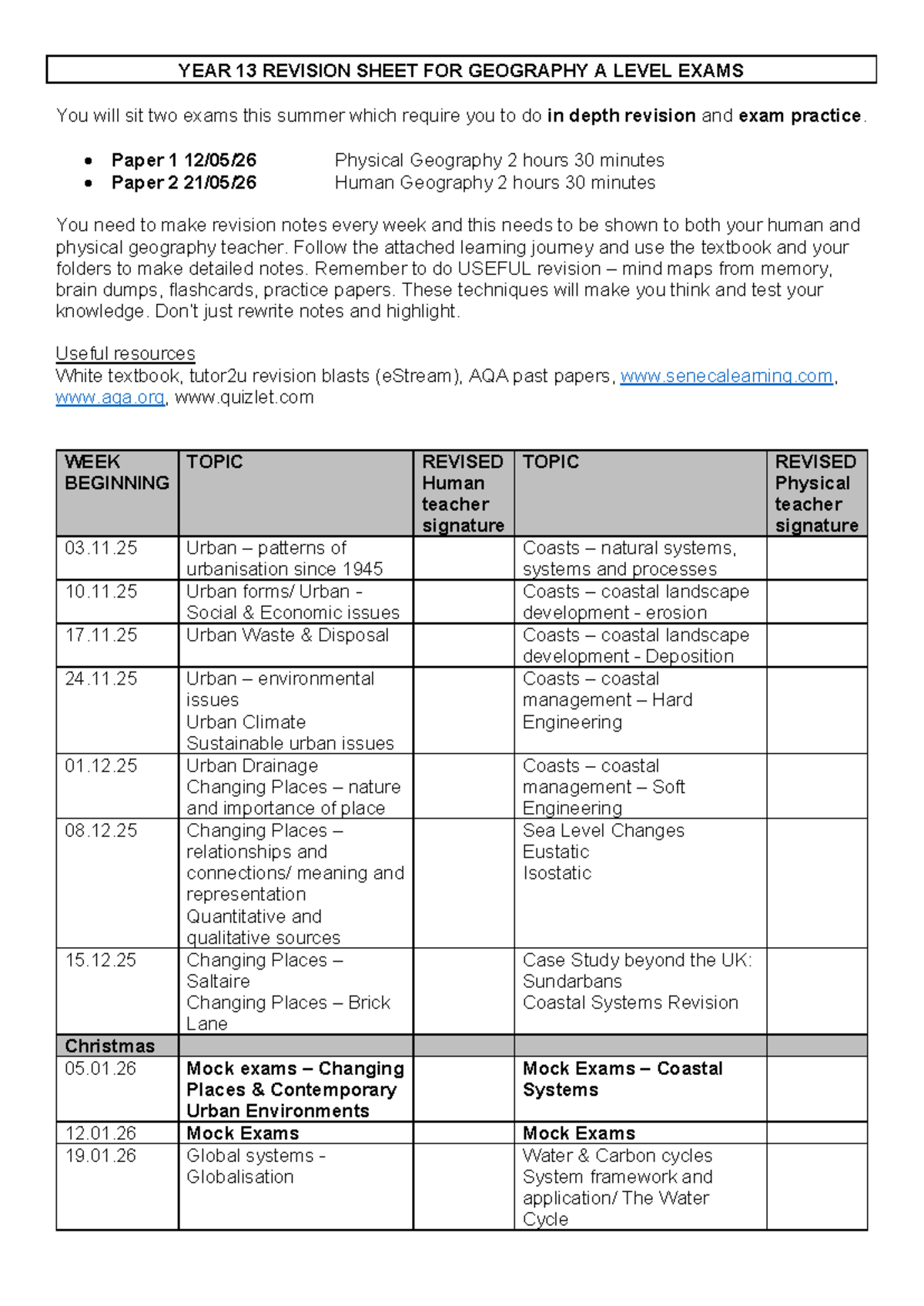 YEAR 13 A LEVEL GEOGRAPHY REVISION SHEET FOR EXAMS - Studocu