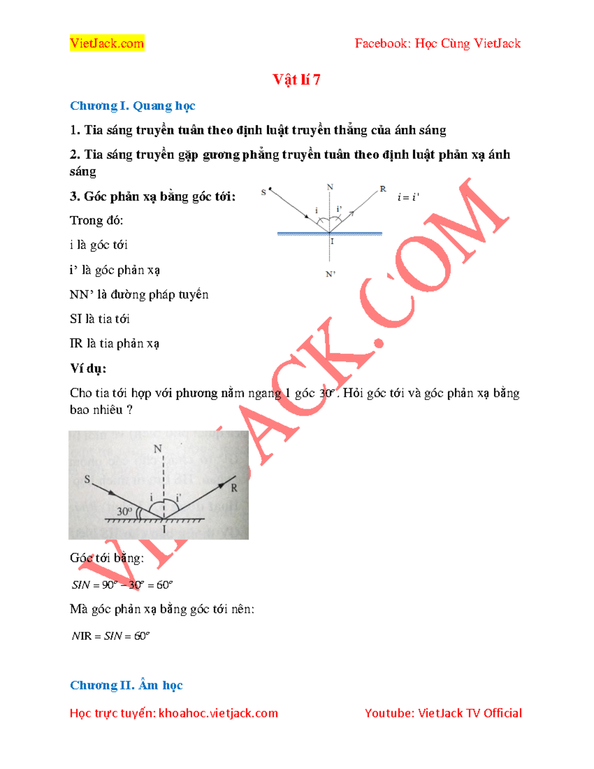 Tong hop kien thuc cong thuc vat li 8 - Vật lí 7 Chương I. Quang học Tia sáng truyền tuân theo ...