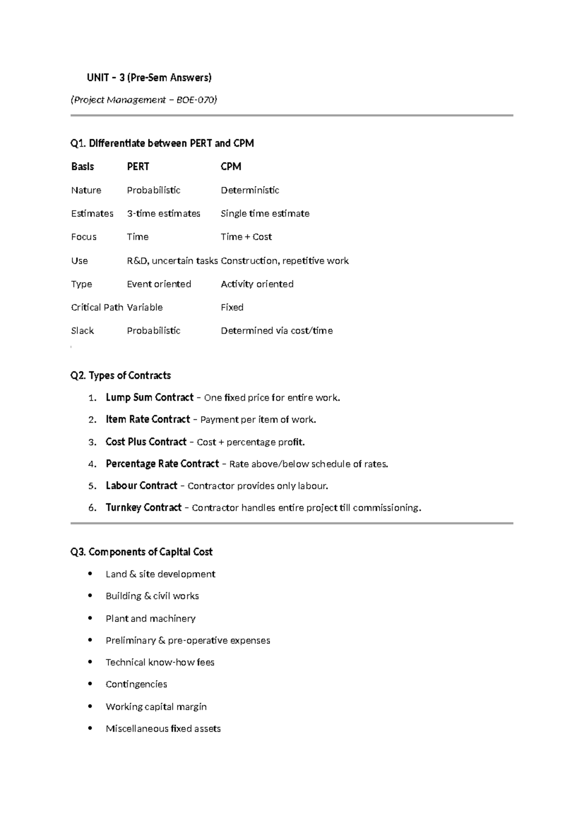 UNIT 3 Project Management Q&A: PERT, CPM, Contracts & Scheduling - Studocu