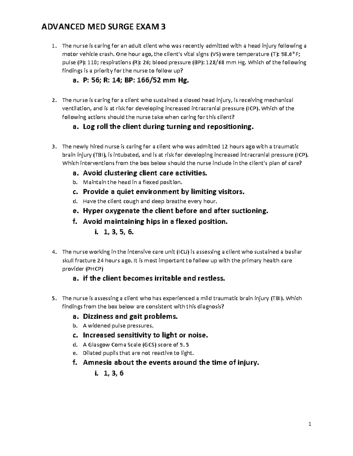 ADVANCED MED SURGE EXAM 3: Key Concepts and Priorities in TBI Care ...