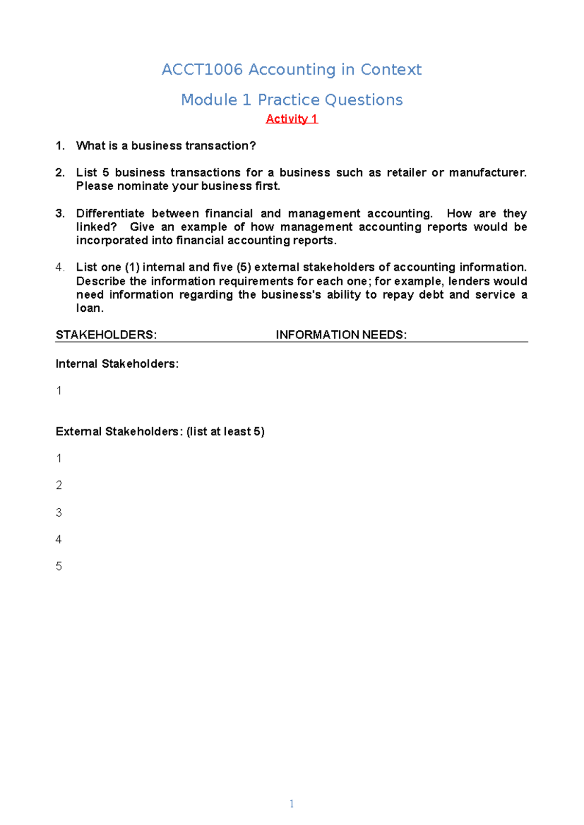 Week 1 AIC Practice Questions - ACCT1006 Accounting in Context Module 1 ...