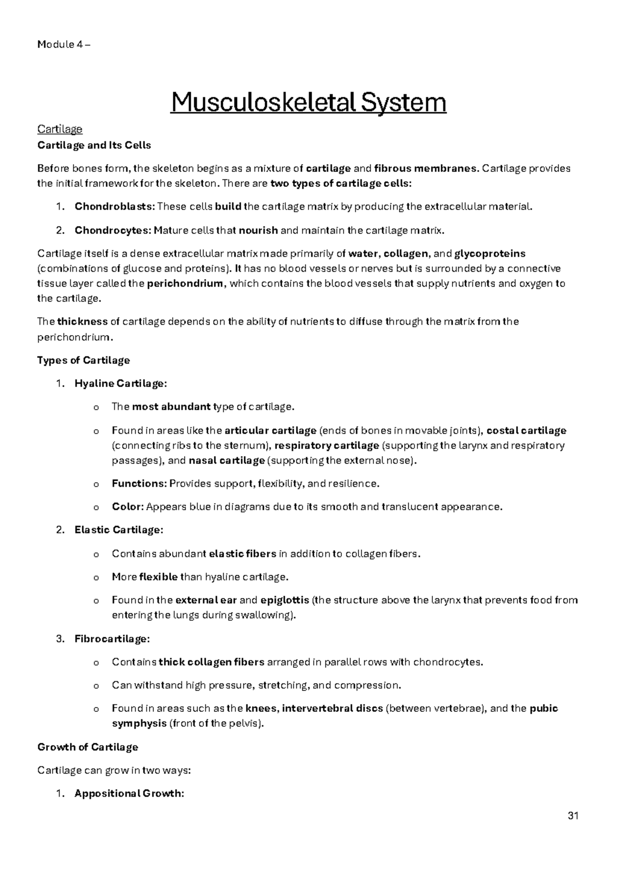 Module 4 Test Notes: Musculoskeletal System & Cartilage Functions - Studocu