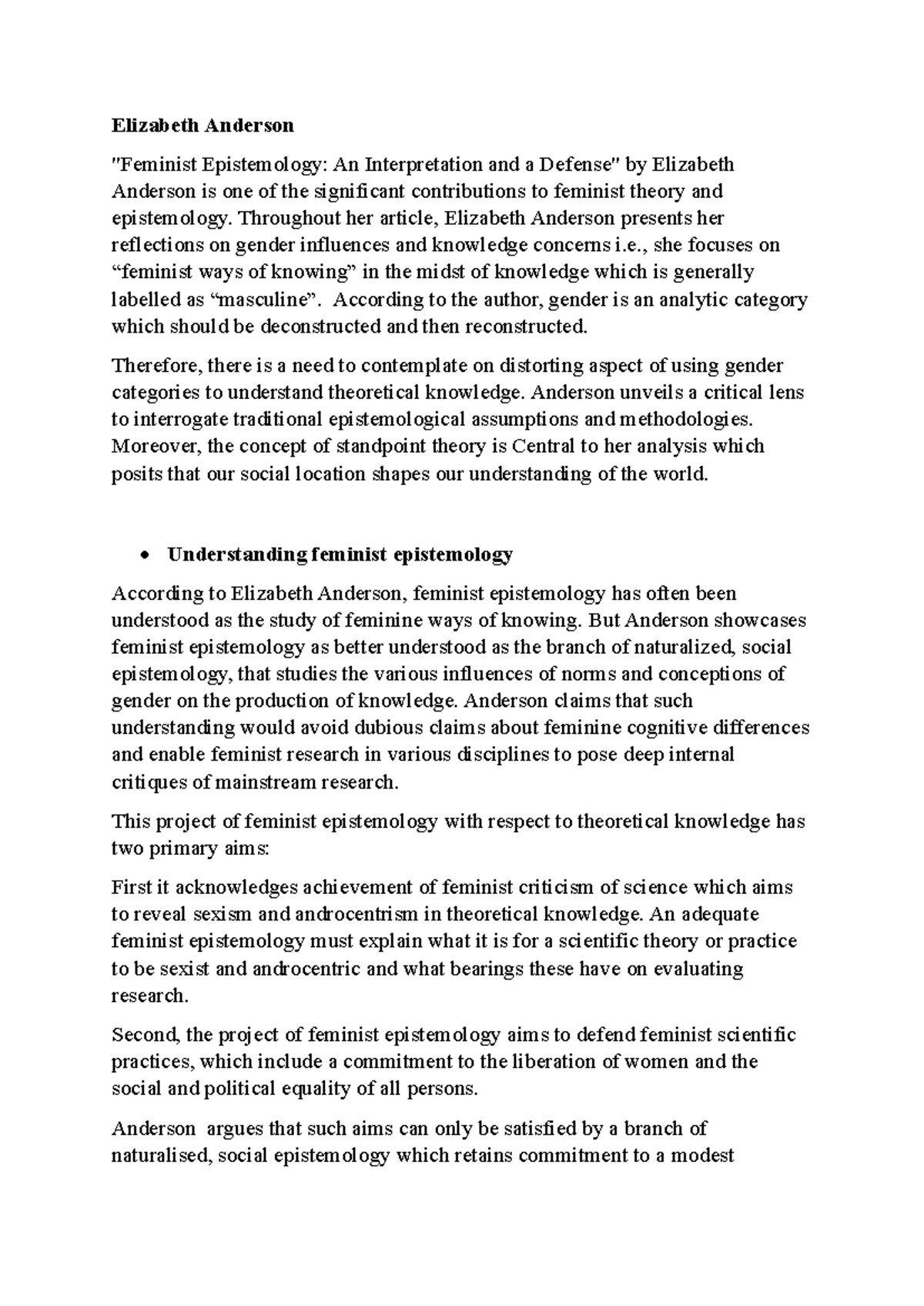 Elizabeth Anderson - Elizabeth Anderson "Feminist Epistemology: An ...