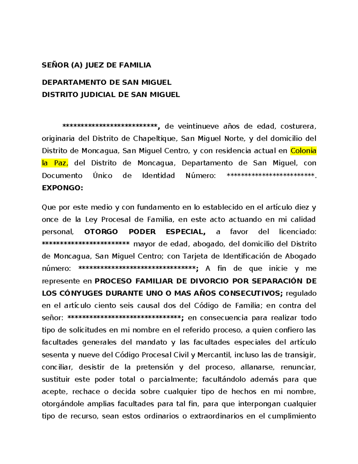 Modelo DE Poder Especifico Familia - SEÑOR (A) JUEZ DE FAMILIA ...