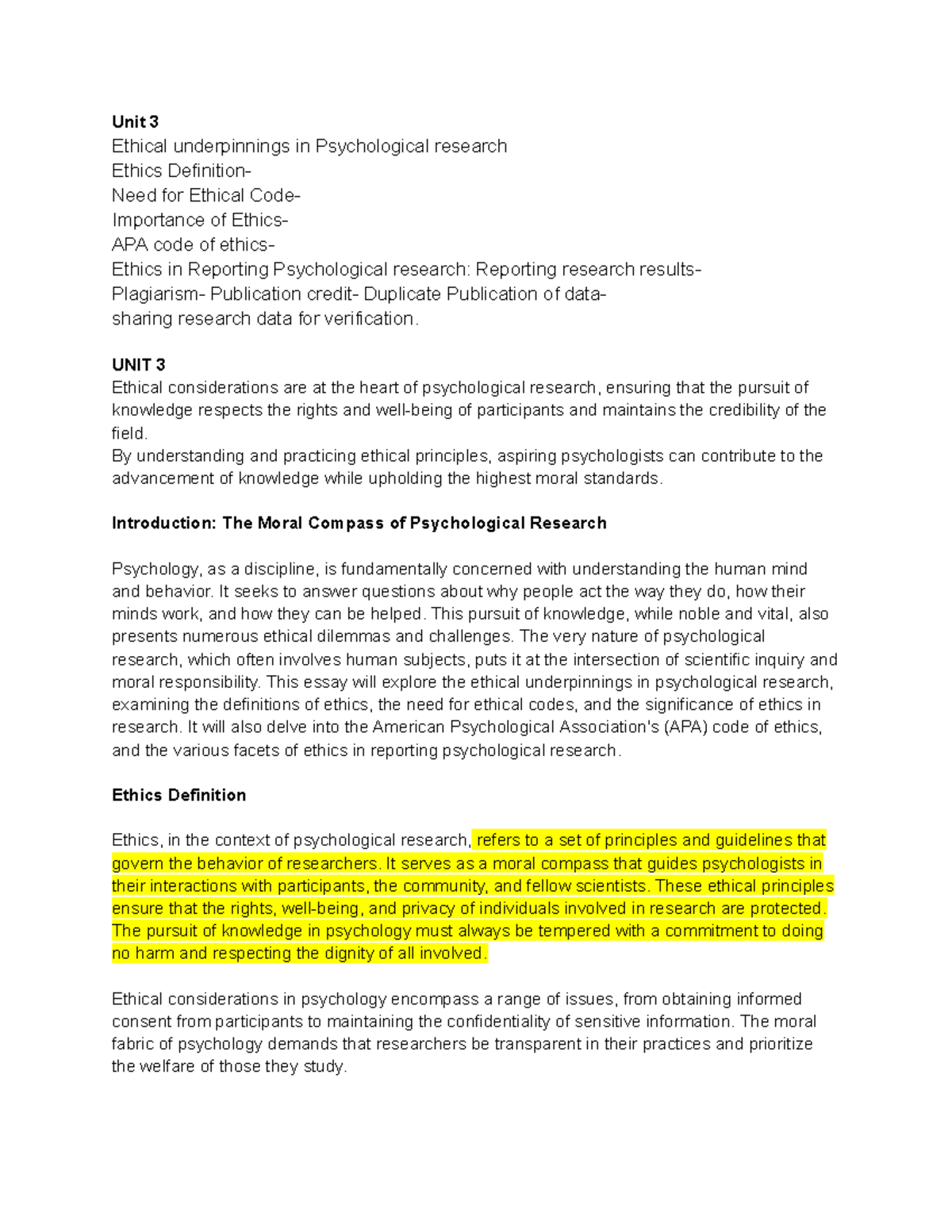 Unit 3: Ethical Foundations in Psychological Research (PSY 101) - Studocu