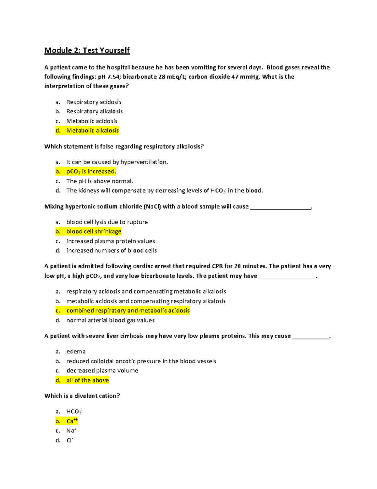 Module 2: Test Yourself on Blood Gas Interpretation and Related ...
