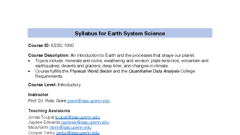 EESC 1000 Fall 2022 Syllabus: Intro to Earth System Science - Studocu