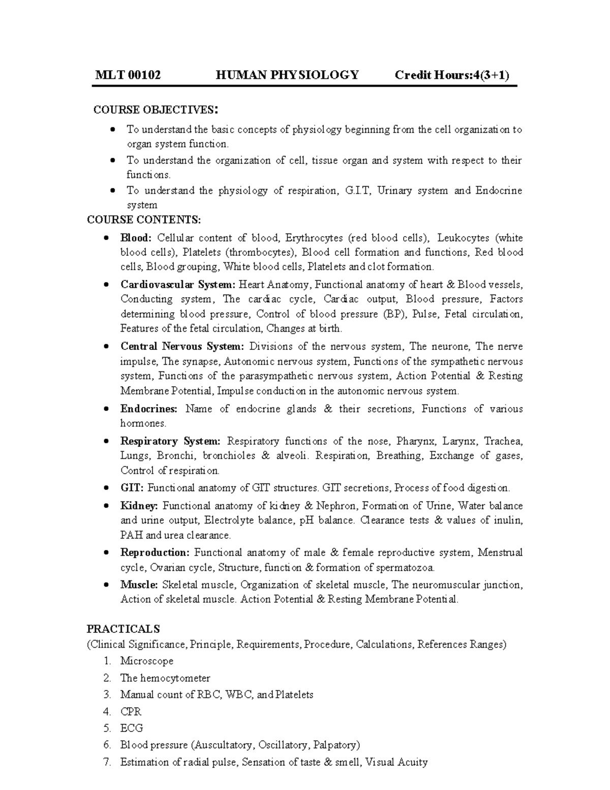 MLT 00102 Human Physiology Course Overview and Key Concepts - Studocu