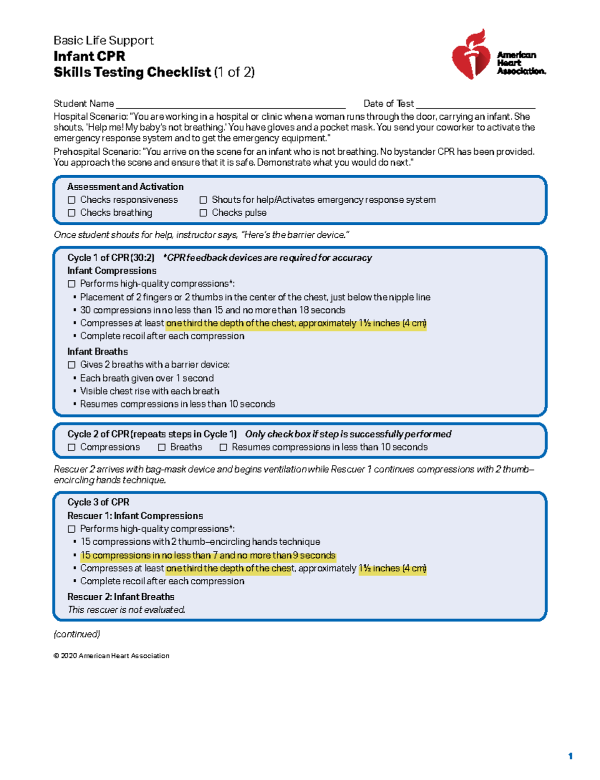 BLS Infant Skills Testing Checklist w Descriptors - 1 Basic Life ...