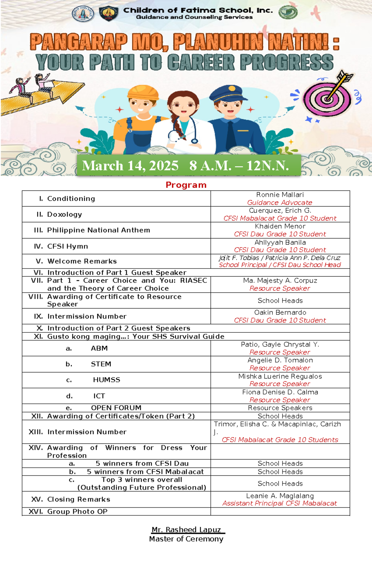 Career Day Program JHS 24-25: Schedule and Activities Overview - Studocu