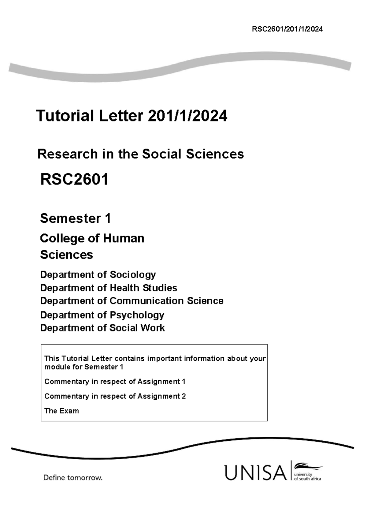 RSC2601 Tutorial Letter: Research in Social Sciences - Semester 1 ...
