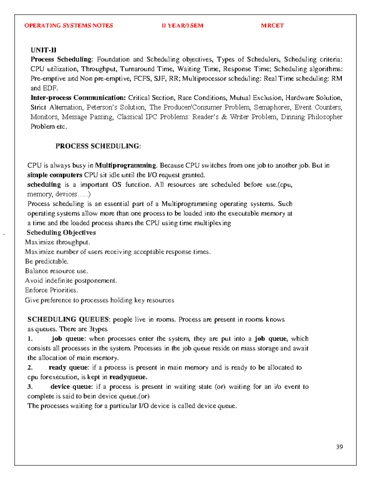 Operating Systems Notes - Unit 2: Process Scheduling & IPC - Studocu