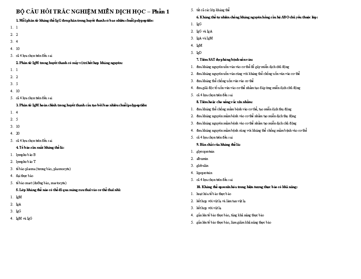 BỘ CÂU HỎI TRẮC NGHIỆM MIỄN DỊCH HỌC Phần 1 - MD SLB - Studocu