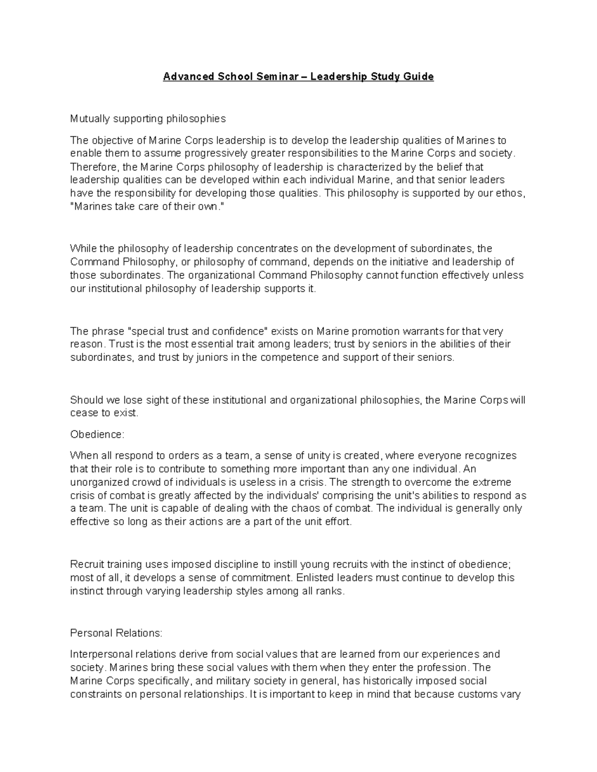 Advanced Course Study Guide: Leadership & Command Philosophy - Studocu