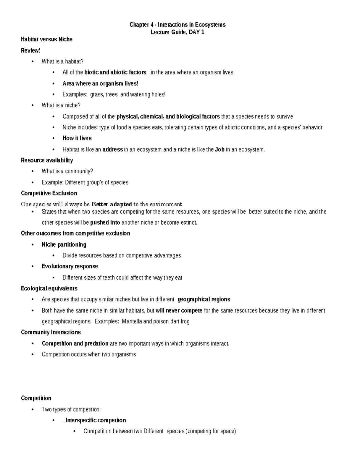Chapter 4 Guided Notes: Interactions in Ecosystems (LOVDE) - Studocu