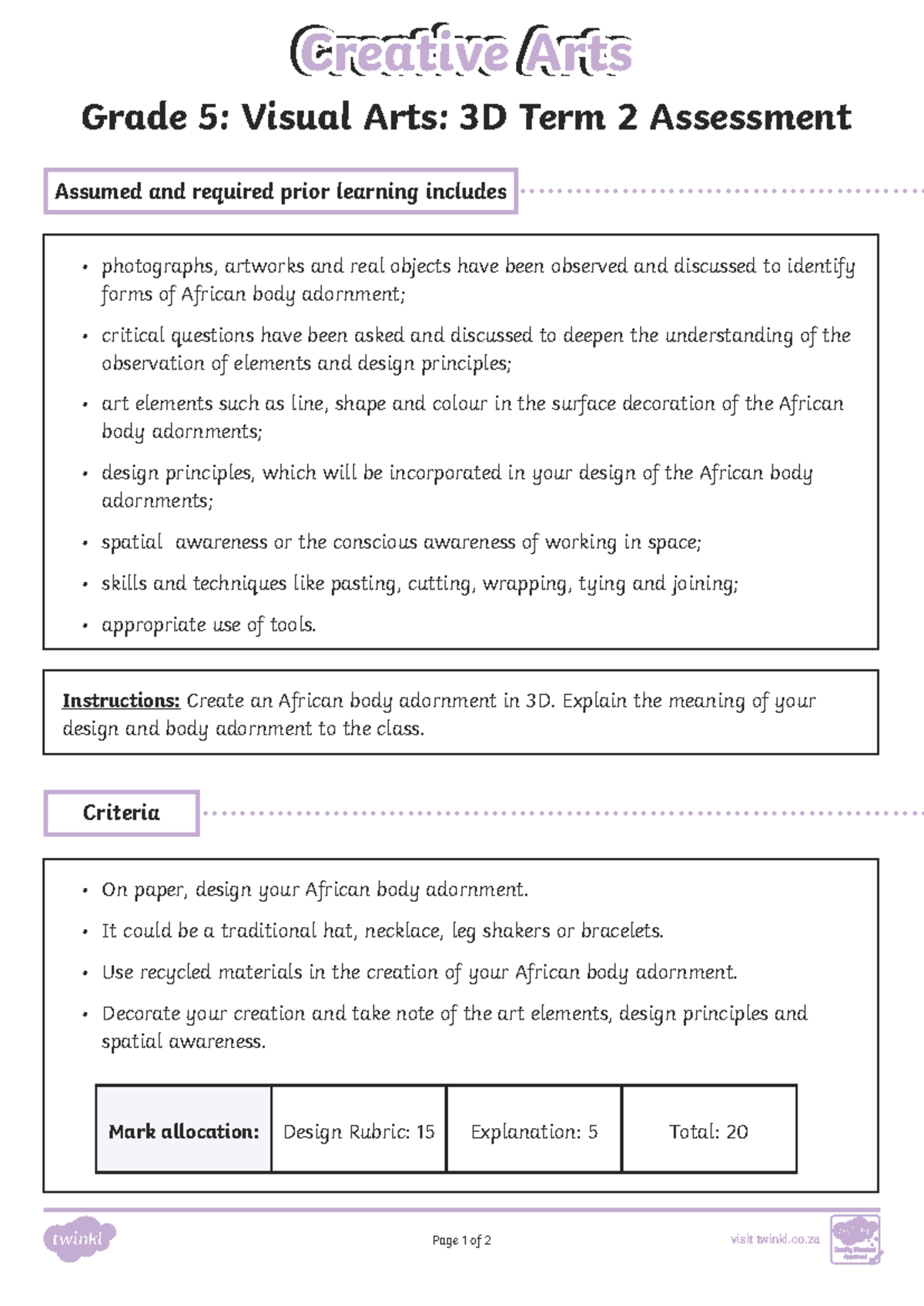 Grade 5 Creative Arts: Visual Arts Term 2 Assessment Guide - Studocu