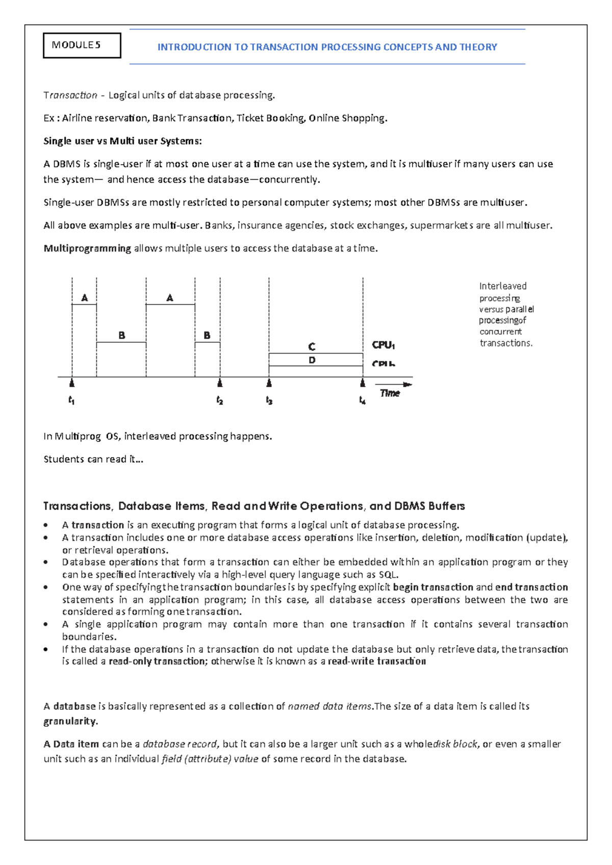 DBMS Module 5 - notes - INTRODUCTION TO TRANSACTION PROCESSING CONCEPTS ...
