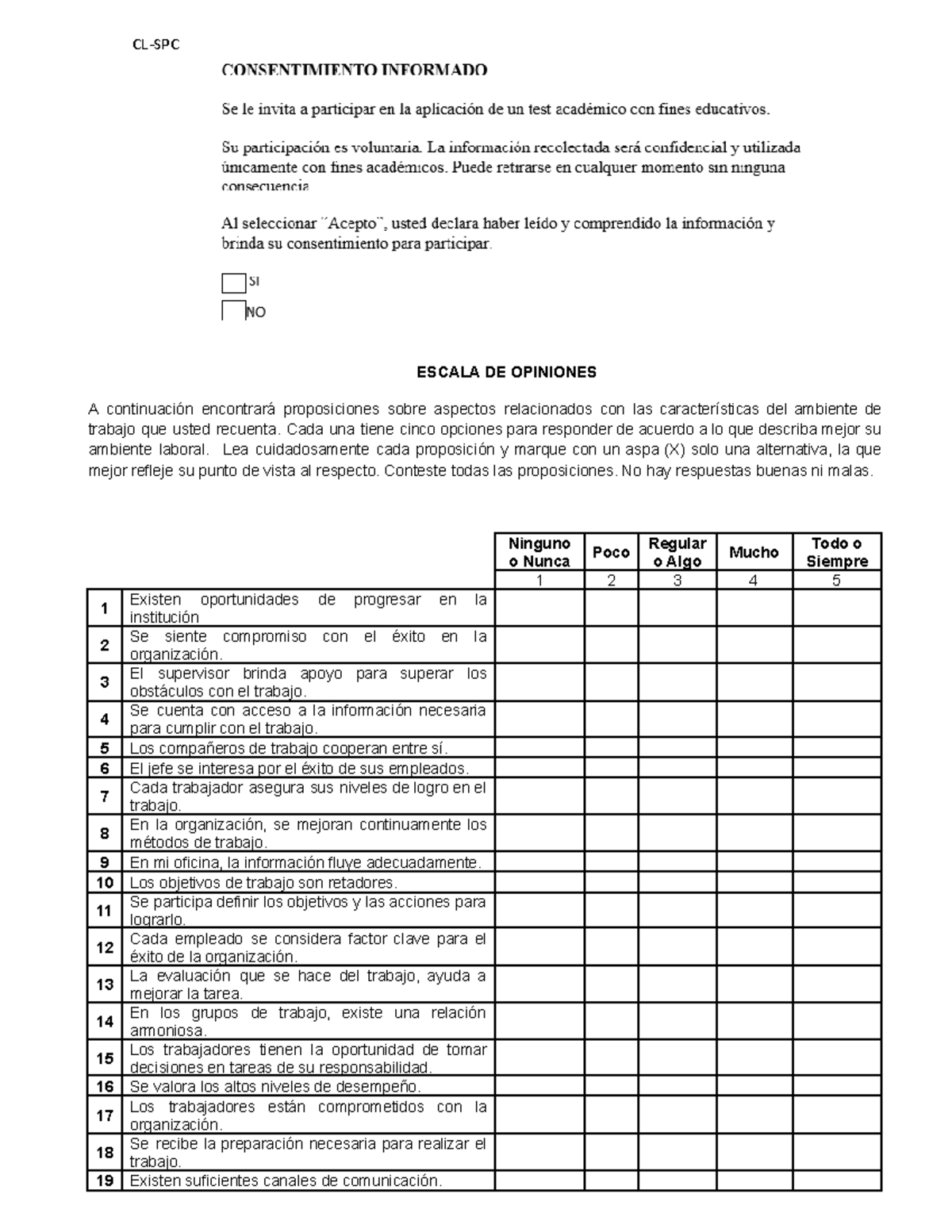 ESCALA DE OPINIONES SOBRE EL AMBIENTE LABORAL - ESC 101 - Studocu