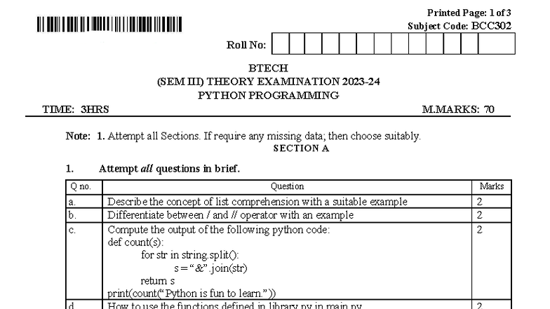 BCC302 Python Programming Theory Exam - Past Year Questions (2023) - Studocu