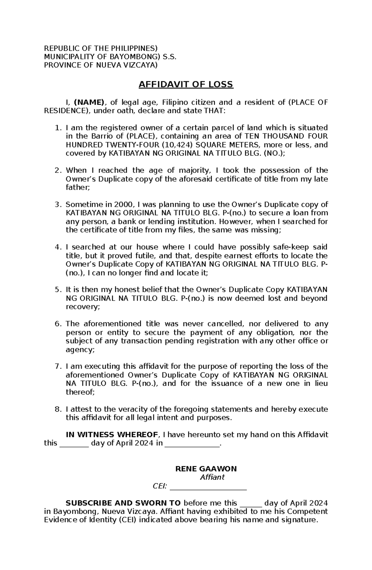 Affidavit of Loss Sample - Legal Document Template - Studocu