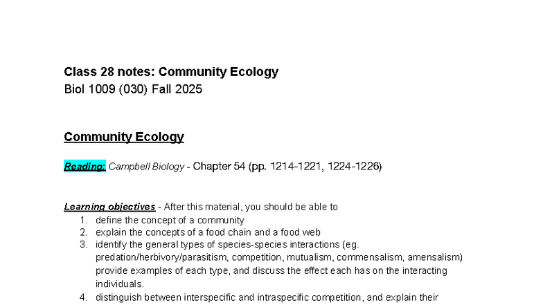 Class 28 Notes: Community Ecology Overview - BIOL 1009 (030) Fall 2025 ...