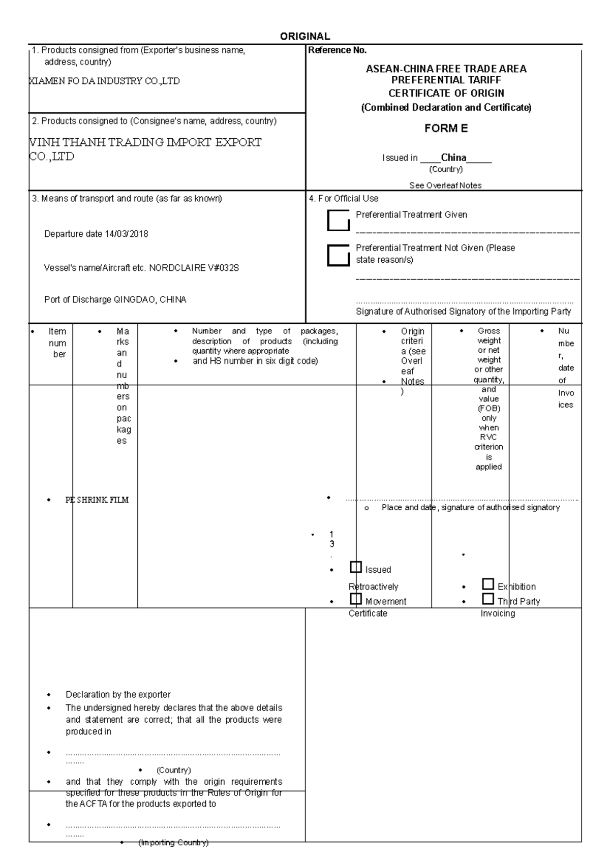 Form E - possible - ORIGINAL Products consigned from (Exporter's ...