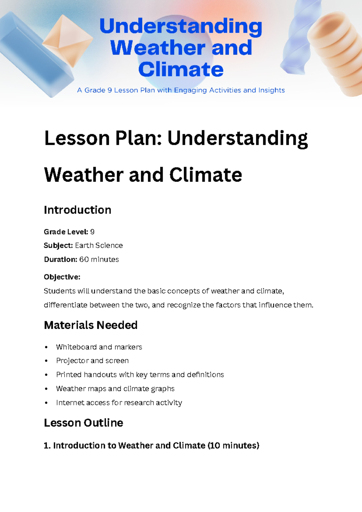 Lesson Plan Understanding Weather and Climate - Lesson Plan ...