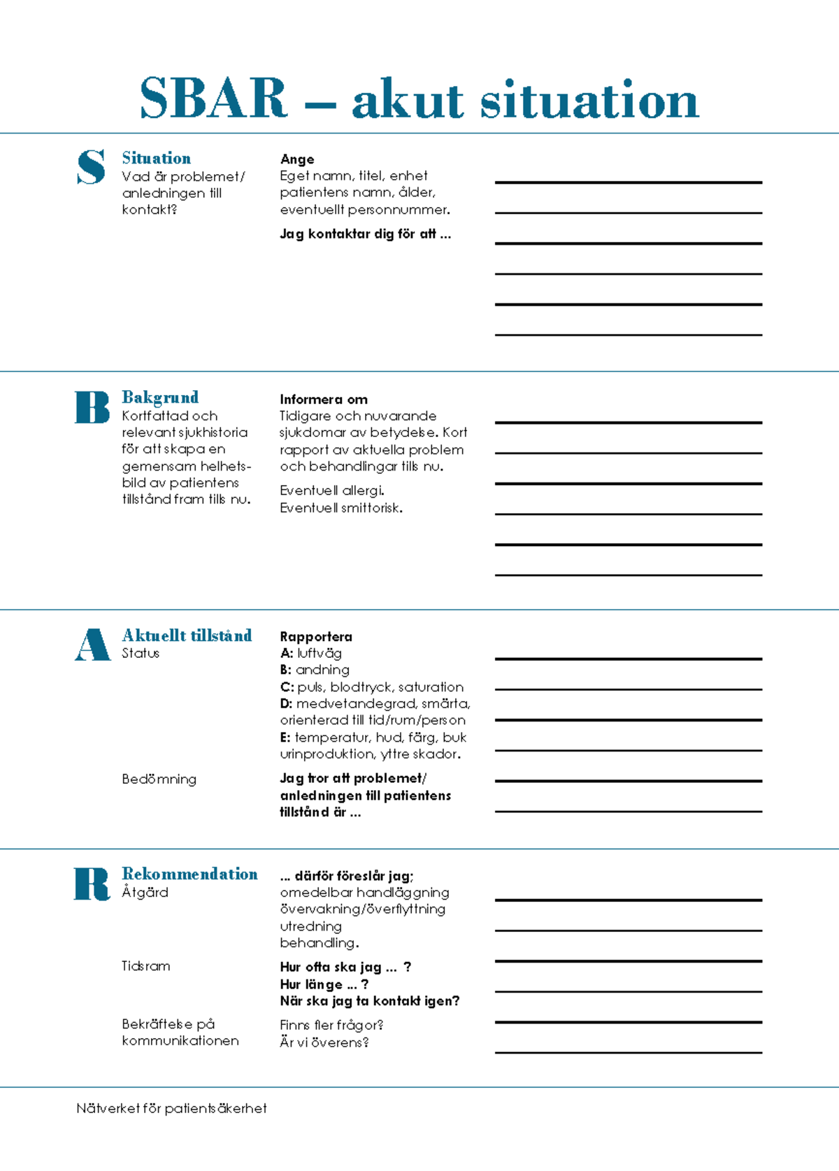 SBAR - Akut Situation: Guideline for Clinical Examination Process - Studocu