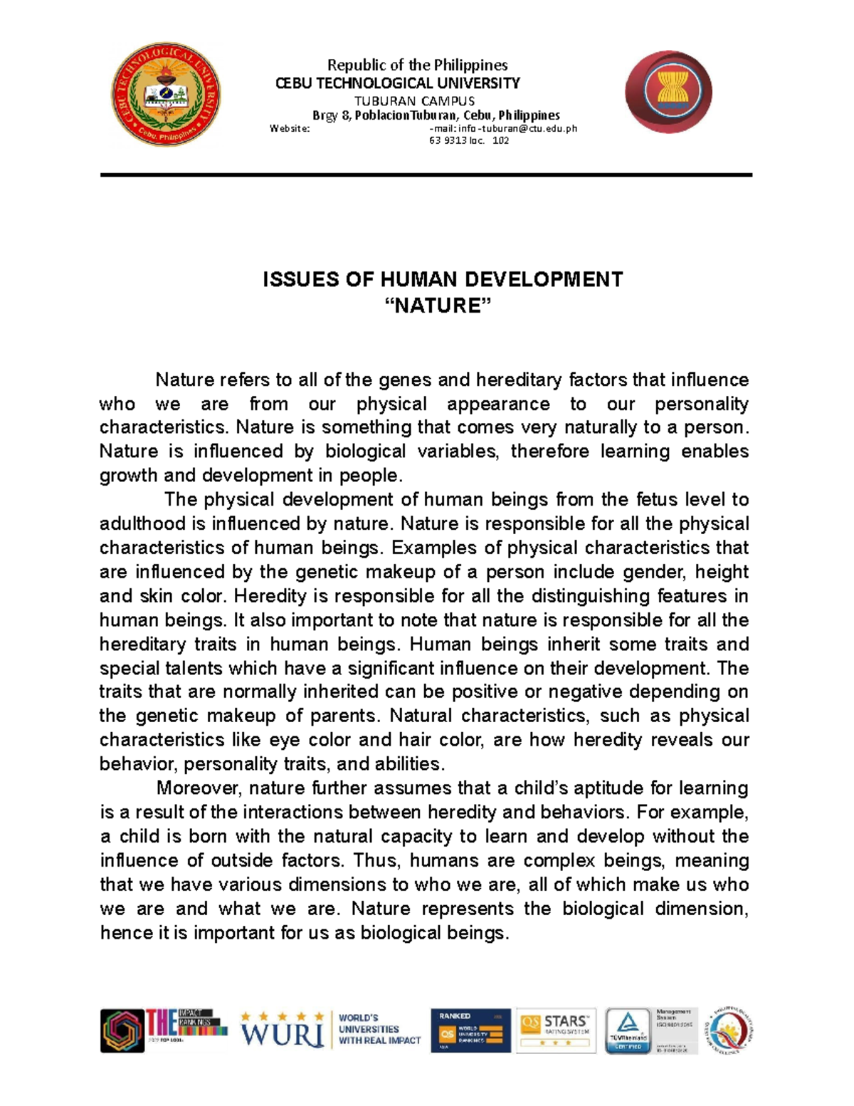 Debate 1 - ISSUES OF HUMAN DEVELOPMENT “NATURE” Nature refers to all of ...